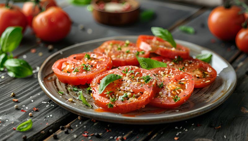 Grilled Fried Tomato Slices on Plate on Dark Background Stock Image ...