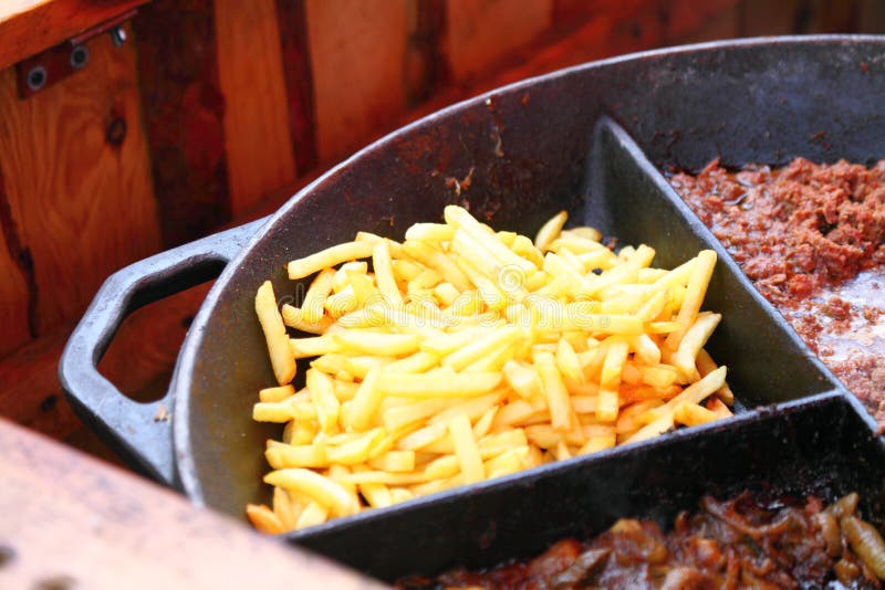 Grilled Fries and Meat on the Barbecue Stock Image - Image of bratwurst ...