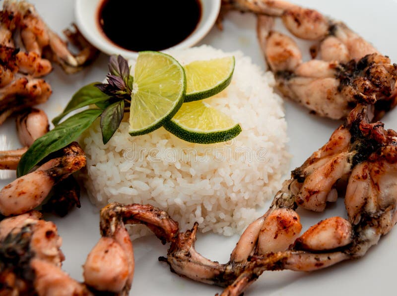 Grilled Frog Legs on the White Plate Stock Photo - Image of culture ...