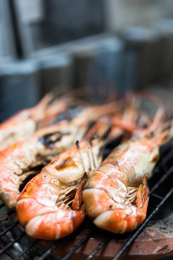 Grilled Giant River Prawns Over Charcoal Fire Stock Photo - Image of ...