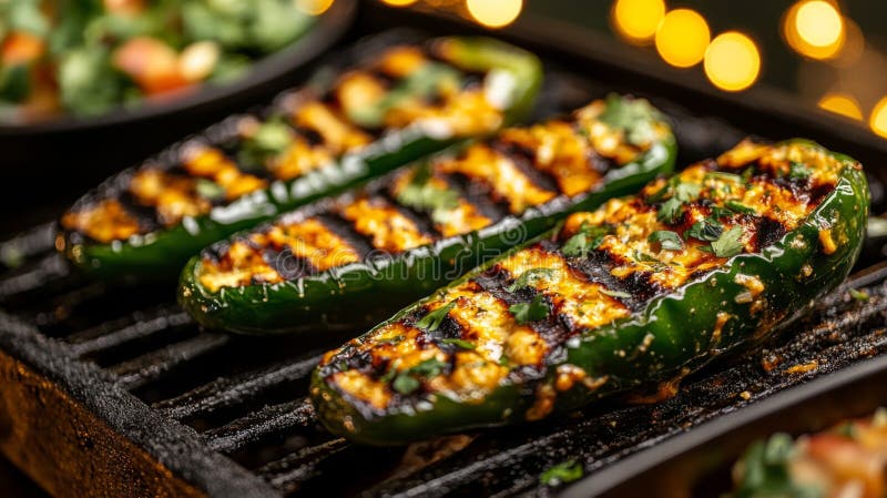 Grilled Green Peppers with Charred Grill Marks on a Dark Grill Stock ...