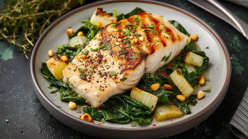 Grilled Halibut stock image. Image of health, herb, dinner - 305124891