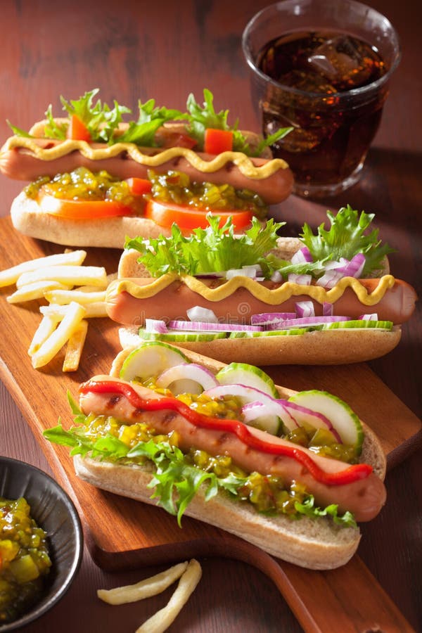 Grilled Hot Dogs with Vegetables Ketchup Mustard Stock Photo - Image of ...