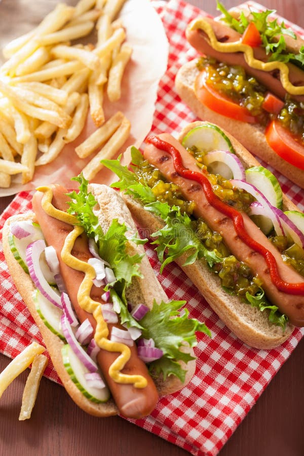 Grilled Hot Dogs with Vegetables Ketchup Mustard Stock Image - Image of ...