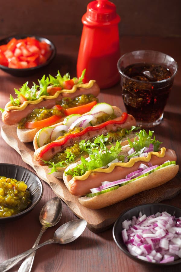 Grilled Hot Dogs with Vegetables Ketchup Mustard Stock Photo - Image of ...