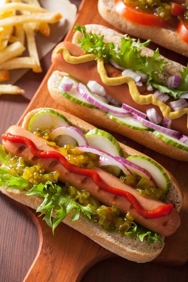 Grilled Hot Dogs with Vegetables Ketchup Mustard Stock Photo - Image of ...