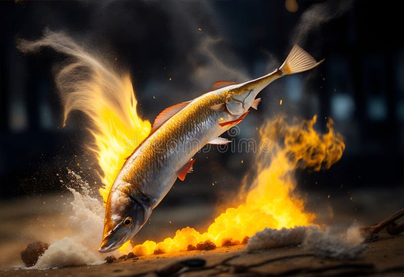 Grilled Juicy Yellowtail Fish on Fire. Generative AI Stock Illustration ...