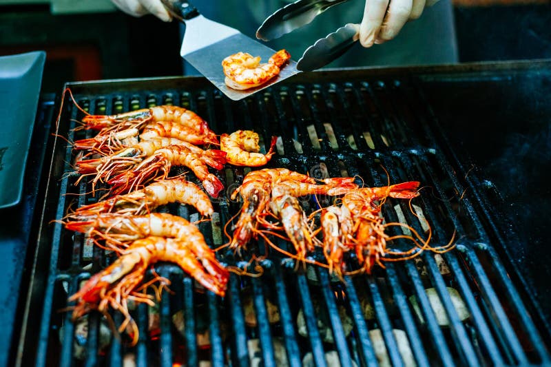 Grilled King Size Prawns on Fire Stock Image - Image of snack, cooking ...