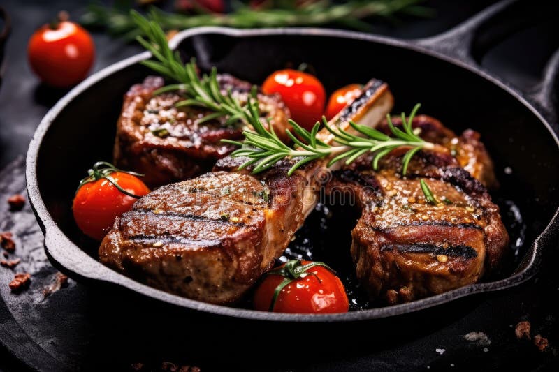 Grilled Lamb Chop on Cast Iron Pan. Generative AI Stock Illustration ... Grilled Lamb Chop on Cast Iron Pan. Generative AI Stock Illustration ...