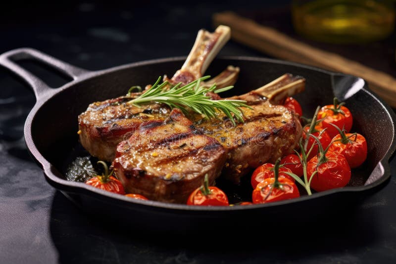 Grilled Lamb Chop on Cast Iron Pan. Generative AI Stock Illustration ... Grilled Lamb Chop on Cast Iron Pan. Generative AI Stock Illustration ...