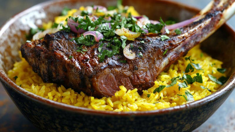 Grilled Lamb Chop on Yellow Rice in a Brown Bowl Stock Illustration ...