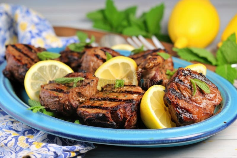 Grilled Lamb Chops on a Blue Platter with Lemon Wedges Stock Photo ...