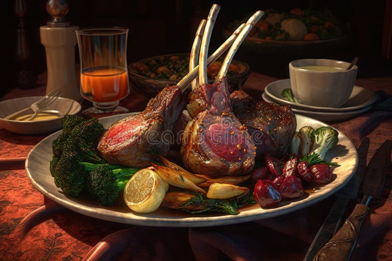 Grilled Lamb Chops on a Plate with Vegetables on a Wooden Table ...