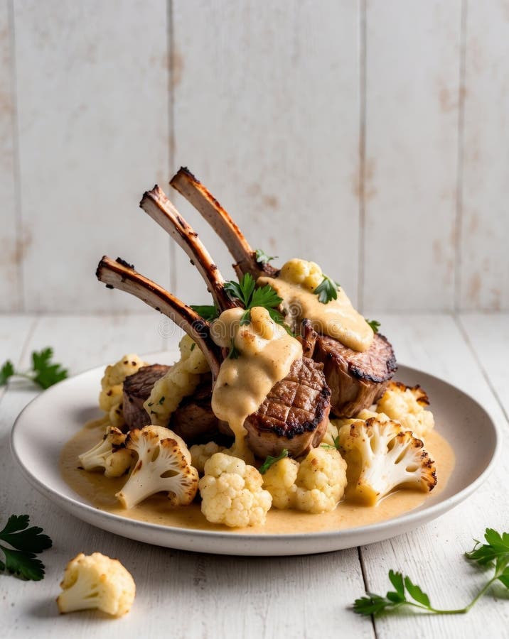 Grilled Lamb Chops with Roasted Cauliflower and Creamy Sauce Stock ...