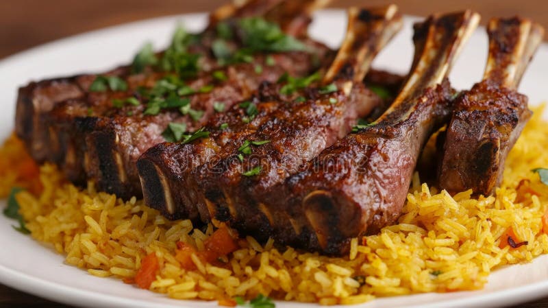 Grilled Lamb Chops with Saffron Rice Stock Illustration - Illustration ...