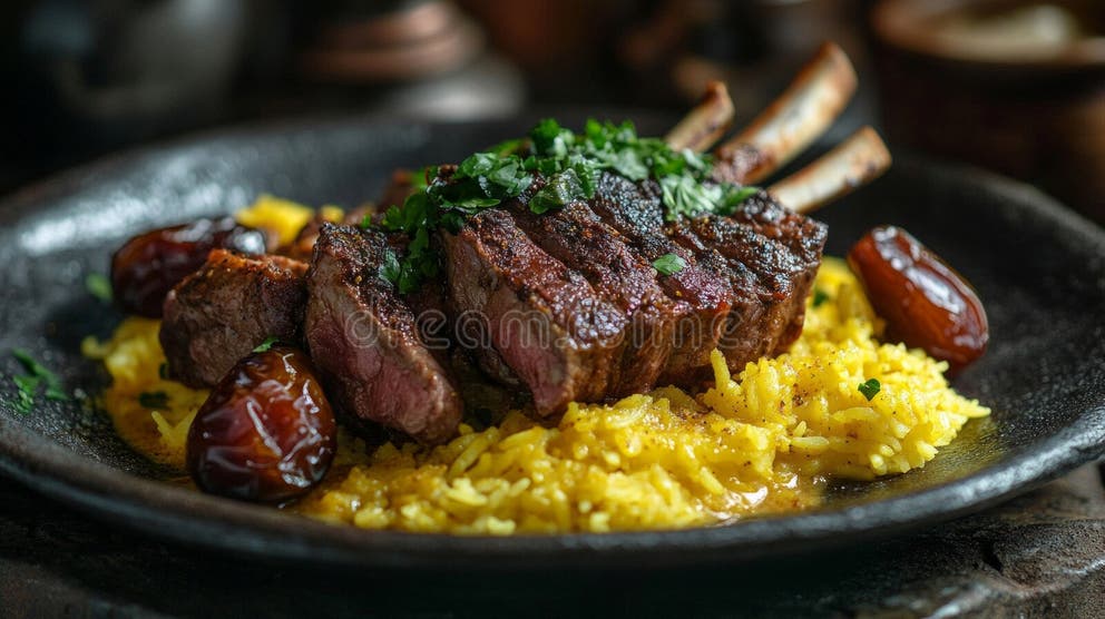 Grilled Lamb Chops with Saffron Rice and Dates Stock Illustration ...