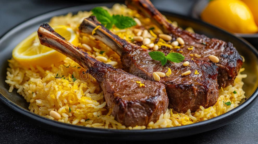 Grilled Lamb Chops with Saffron Rice and Lemon Stock Illustration ...