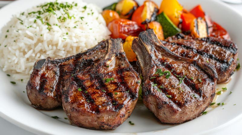 Grilled Lamb Chops Served with Rice and Vegetables Stock Illustration ...
