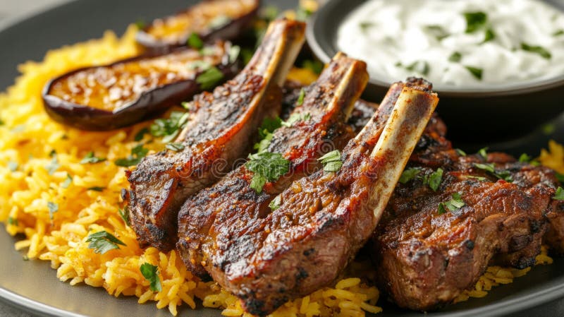 Grilled Lamb Chops with Yellow Rice and Yogurt Dip Stock Illustration ...