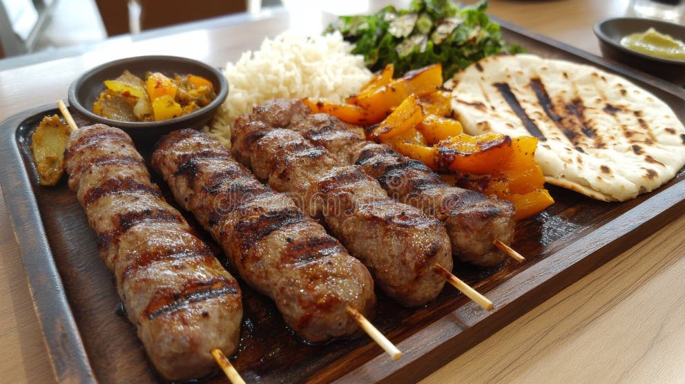 Grilled Lamb Kebabs with Rice and Roasted Vegetables Stock Illustration ...