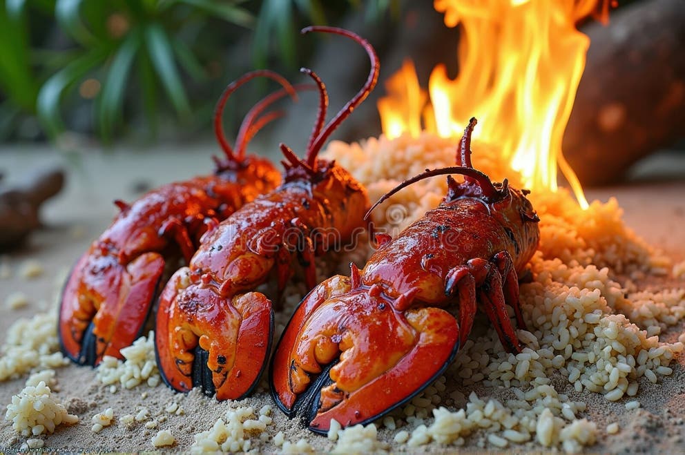 Grilled Lobsters with Rice: Outdoor Fire Cooking on Rustic Beach Stock ...