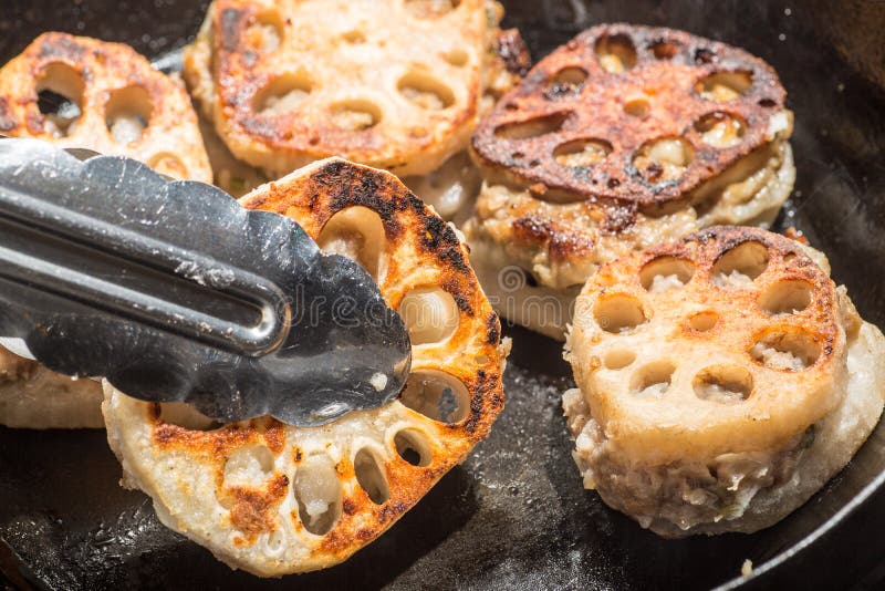 Grilled Lotus Root Stuffed with Meat Stock Image - Image of frying ...