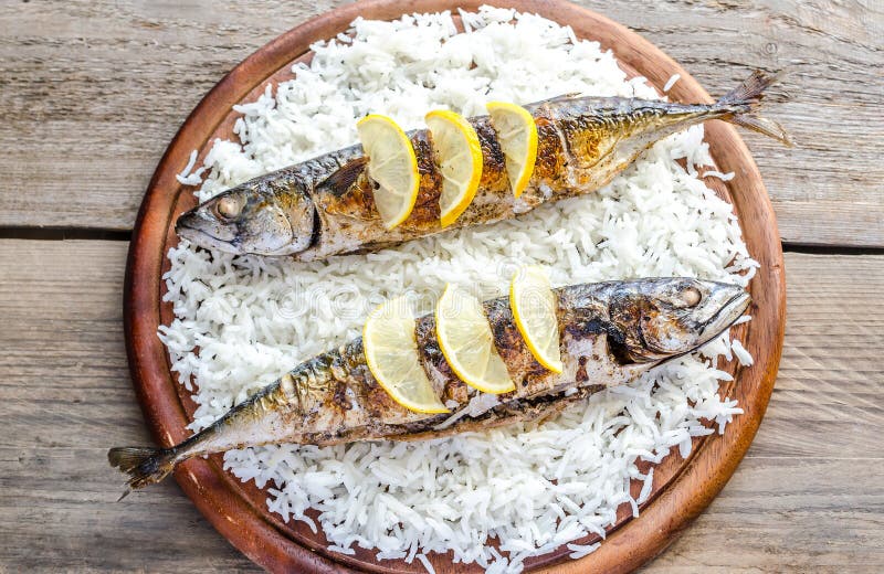 Grilled Mackerel with Basmati Rice Stock Photo - Image of entree ...