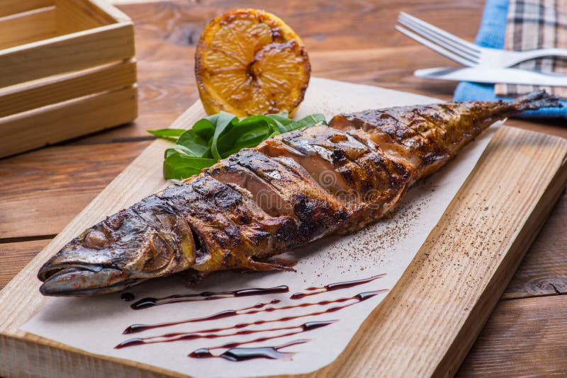 Grilled Mackerel on a Board Stock Image - Image of barbecue, fried ...