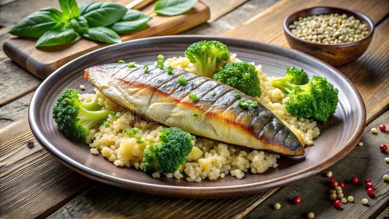 Grilled Mackerel Fillet Served with Broccoli and Couscous, Fresh Herbs ...
