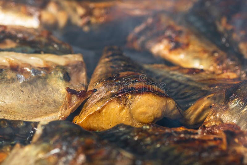 Grilled Mackerel Fish with Smoke on a Charcoal Barbecue Grill Stock ...