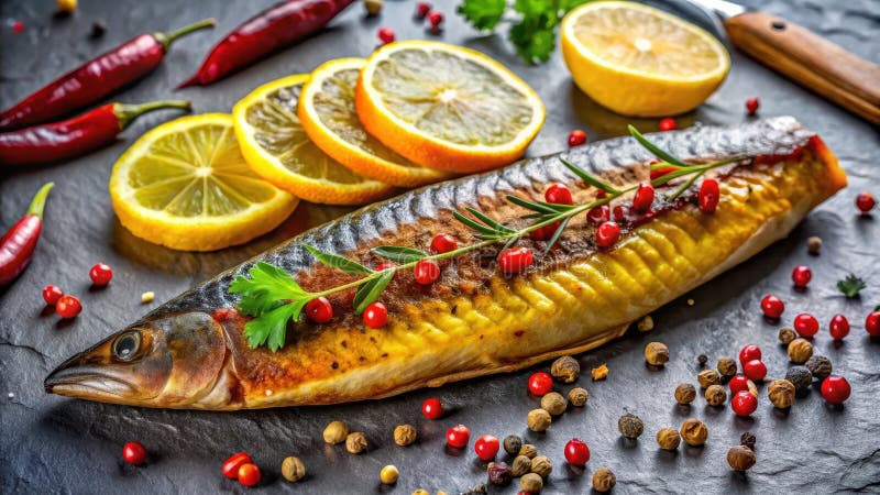 Grilled Mackerel with Lemon and Peppercorns on Dark Surface. Generative ...
