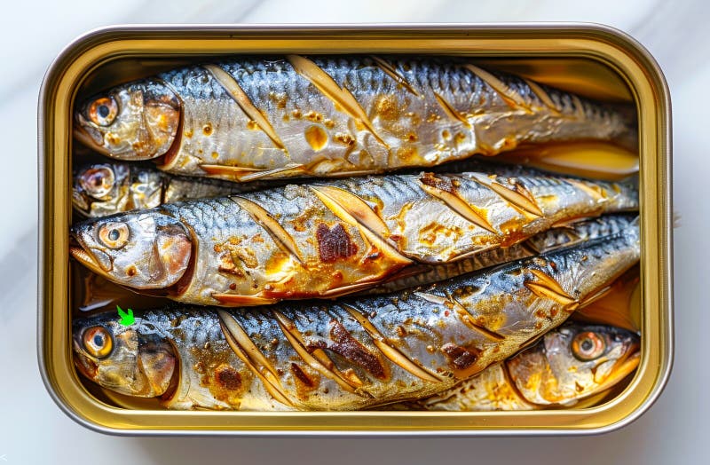 Grilled Mackerel in a Tin. Close-up View of Several Grilled Mackerel ...