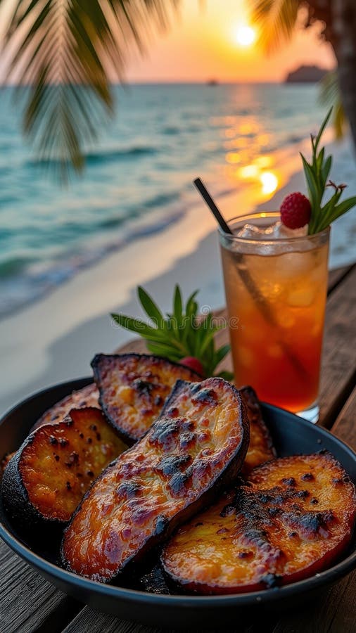 Grilled Mango Slices with Refreshing Cocktail on Tropical Beach at ...