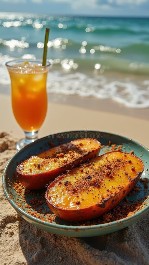 Grilled Mango and Tropical Drink on Sandy Beach by the Ocean Stock ...