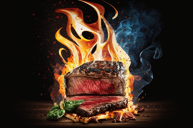 Grilled Marbled Beef Steak and Fire Stock Illustration - Illustration ...