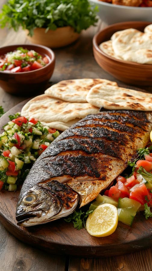 Whole Grilled Fish Served with Pickled Vegetables and Flatbread in a ...