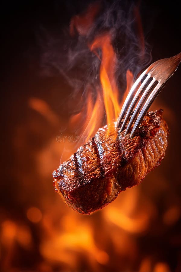 Grilled Meat Being Held by a Fork in Front of a Roaring Fire Pit at ...