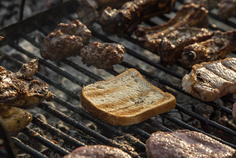 Grilled meat and bread stock image. Image of diet, delicious - 222747047