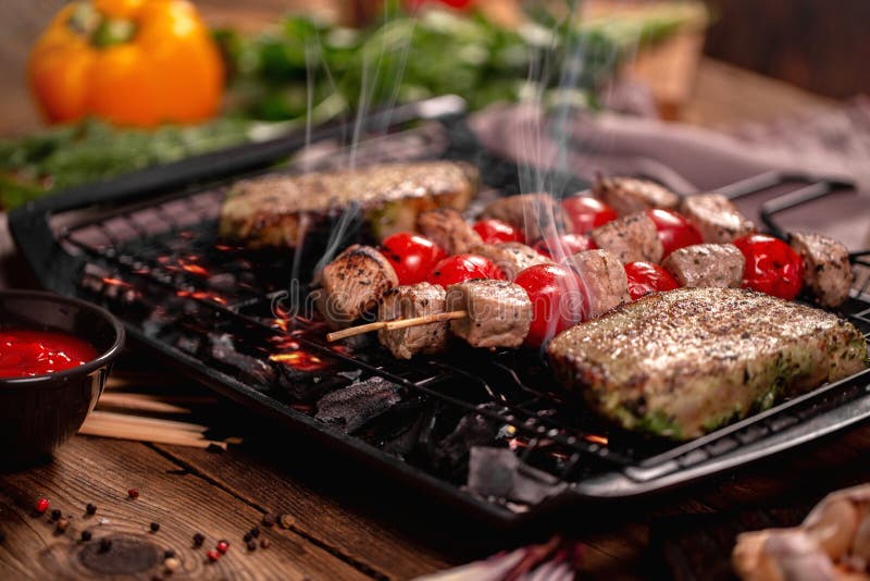 Grilled Meat on Coals with Vegetables Stock Photo - Image of cuisine ...