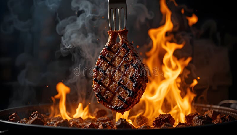 Grilled Meat Cooked Over Open Flames, Speared on a Fork with Smoke and ...
