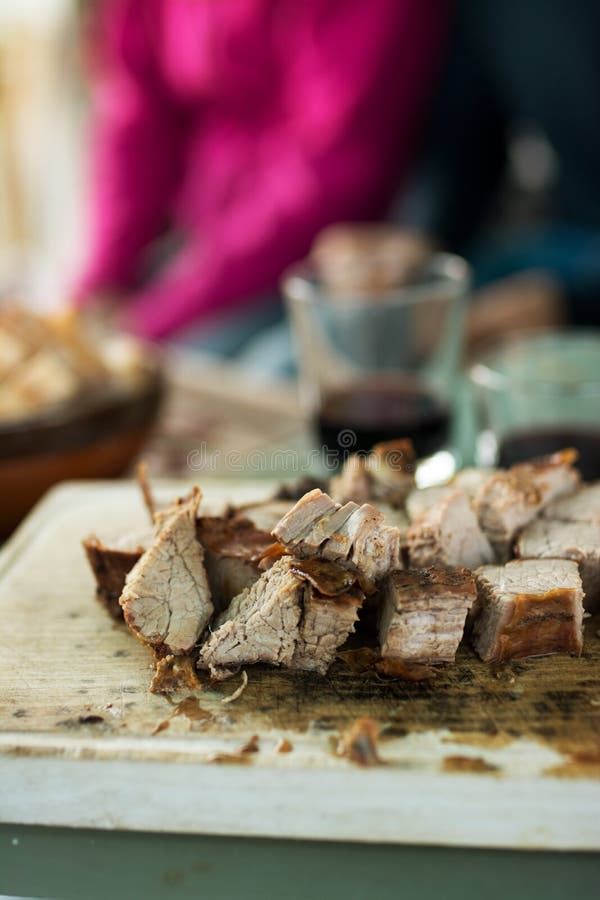 Grilled Meat Cut into Slices, on Wooden Board Stock Image - Image of ...