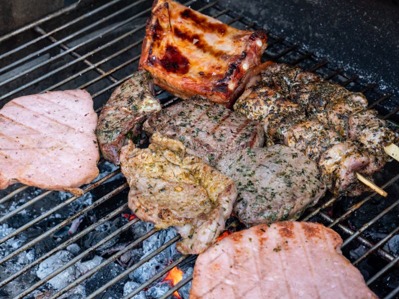 Grilled meat on the grill stock photo. Image of heat - 193248930