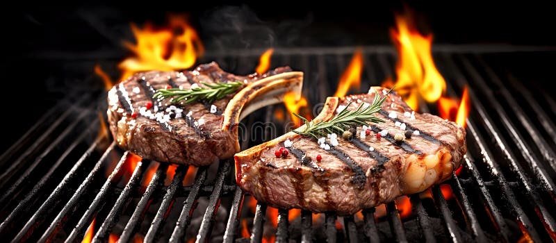 Grilled Meat on Grill. Fire Flames in the Background. Central ...