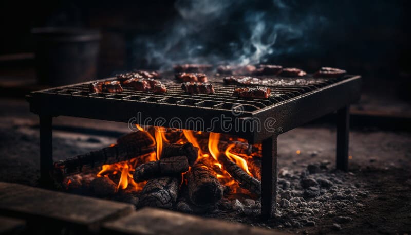 Grilled Meat on Metal Grate, Burning Hot Generated by AI Stock ...