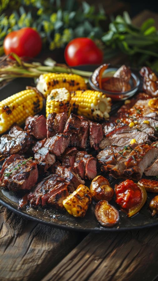 Grilled Meat and Seafood Platter with Coleslaw and Salsa on a Wooden ...