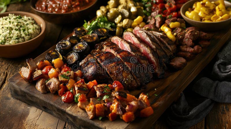 Grilled Meat Platter with Vegetables and Sauces for a Rustic Dining ...