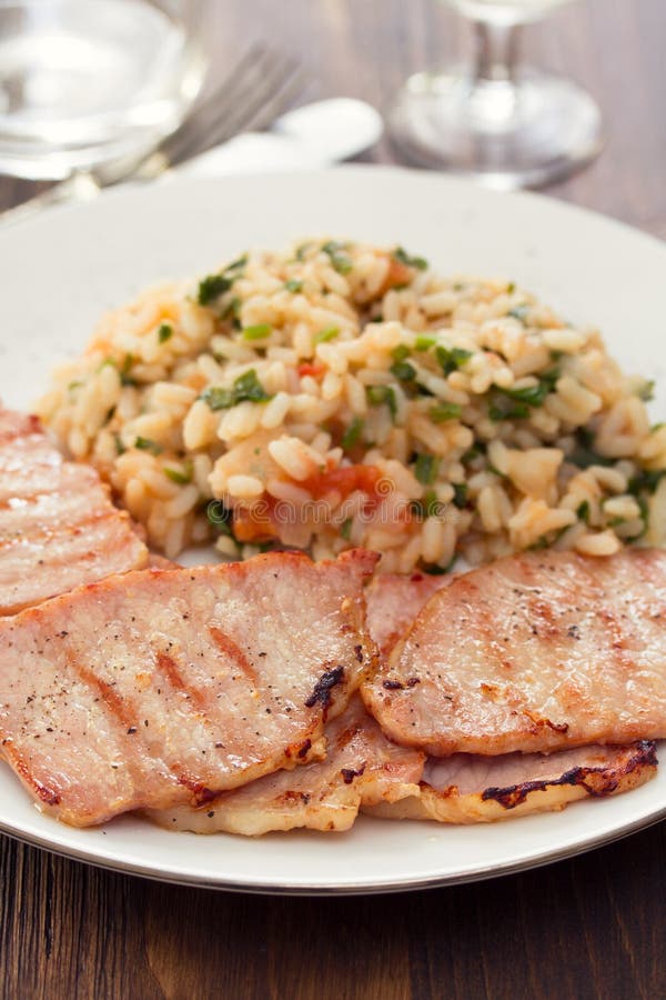 Grilled Meat with Boiled Rice and Salad Stock Image - Image of prepared ...