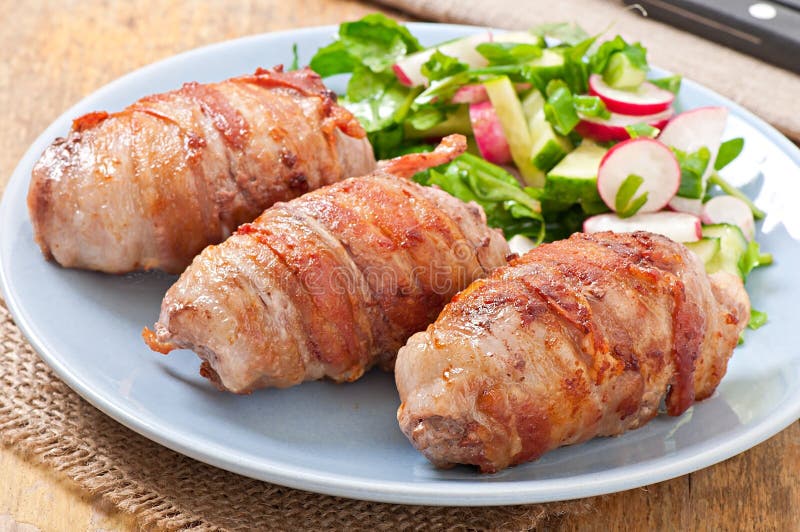 Grilled Meat Rolls Wrapped in Strips of Bacon Stock Photo - Image of ...