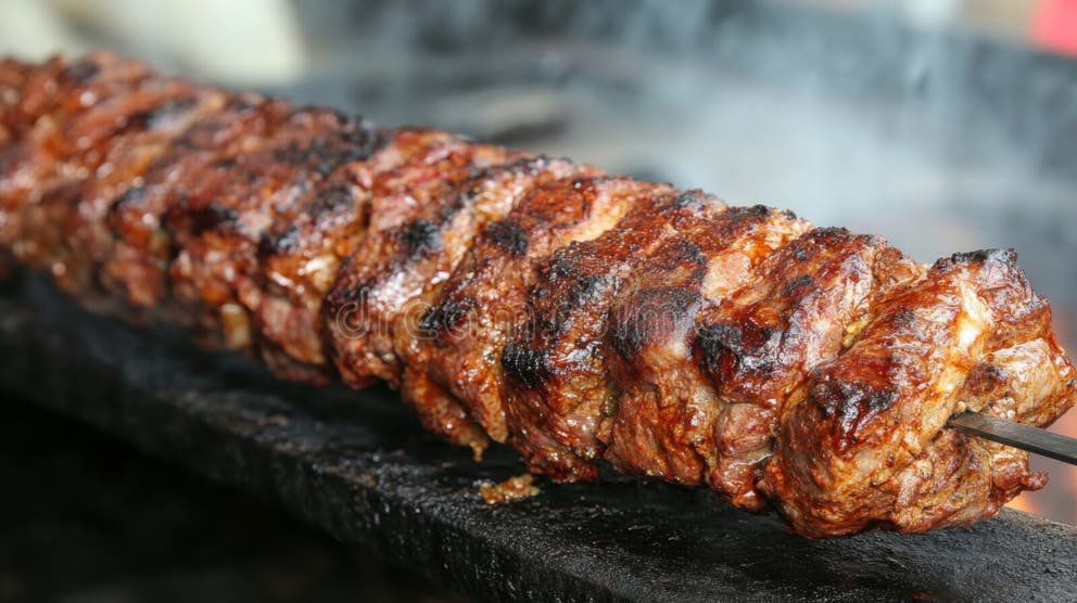 Grilled Meat Rotating on a Skewer Over Fire Stock Illustration ...