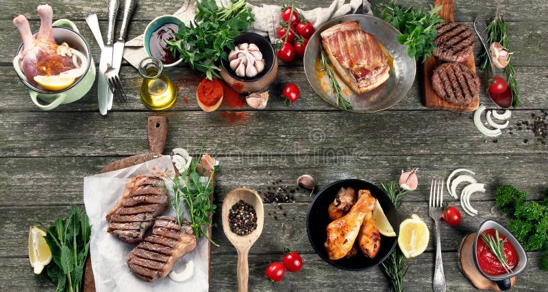 Grilled Meat on Rustic Wooden Table Stock Photo - Image of meat ...